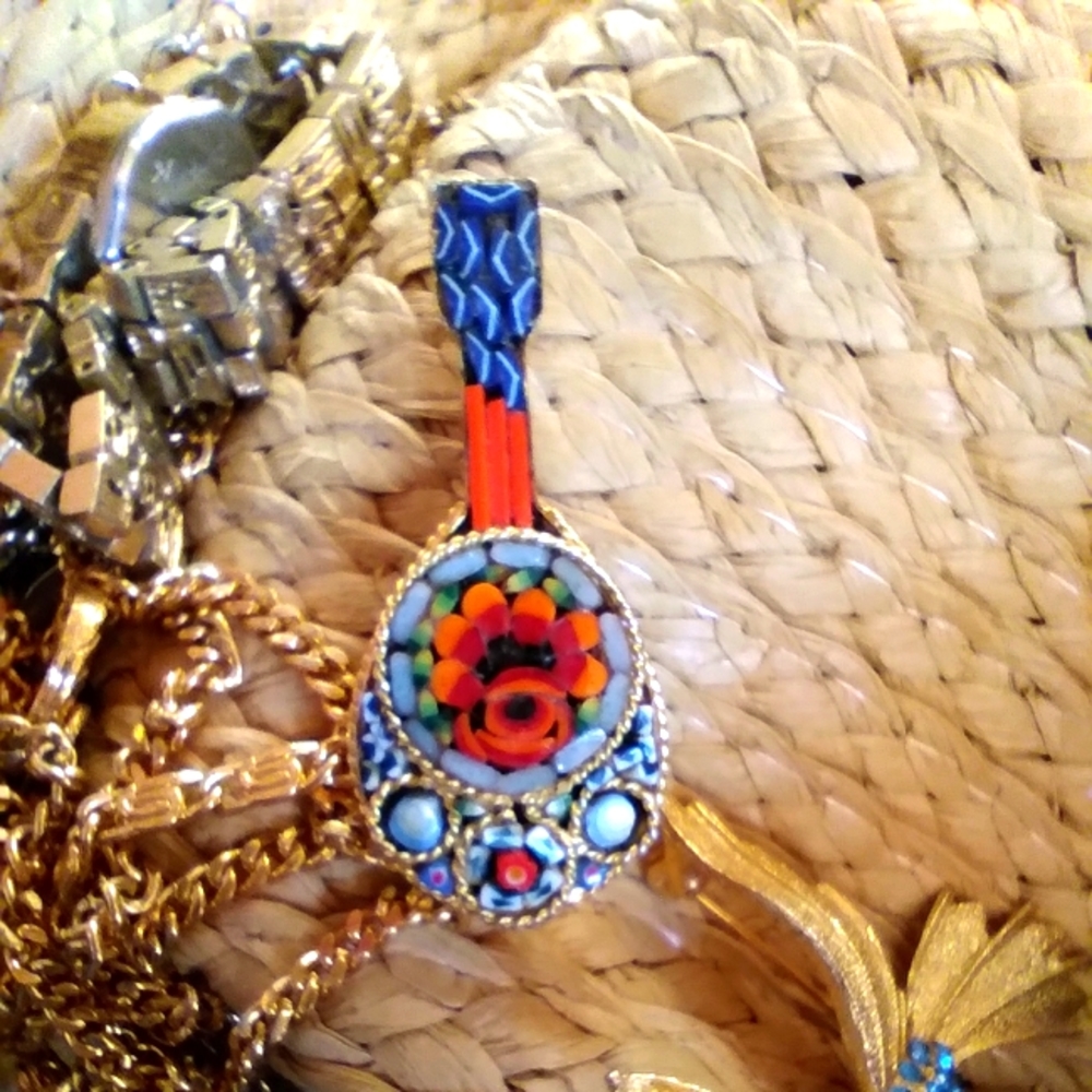 Mini Vintage Italian Glass Mosiac Mandolin Pin - Gem